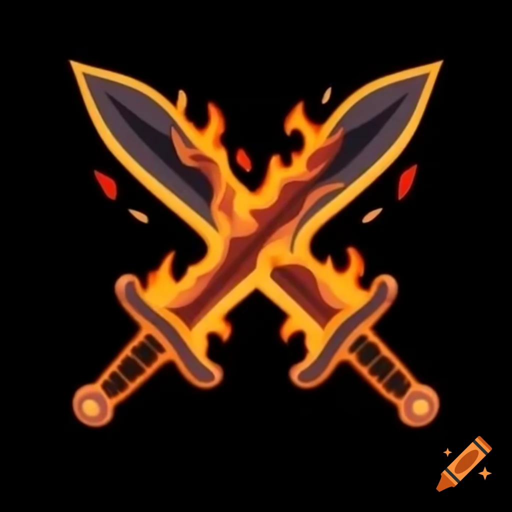 Cartoon of two flaming crossed swords on black background on Craiyon