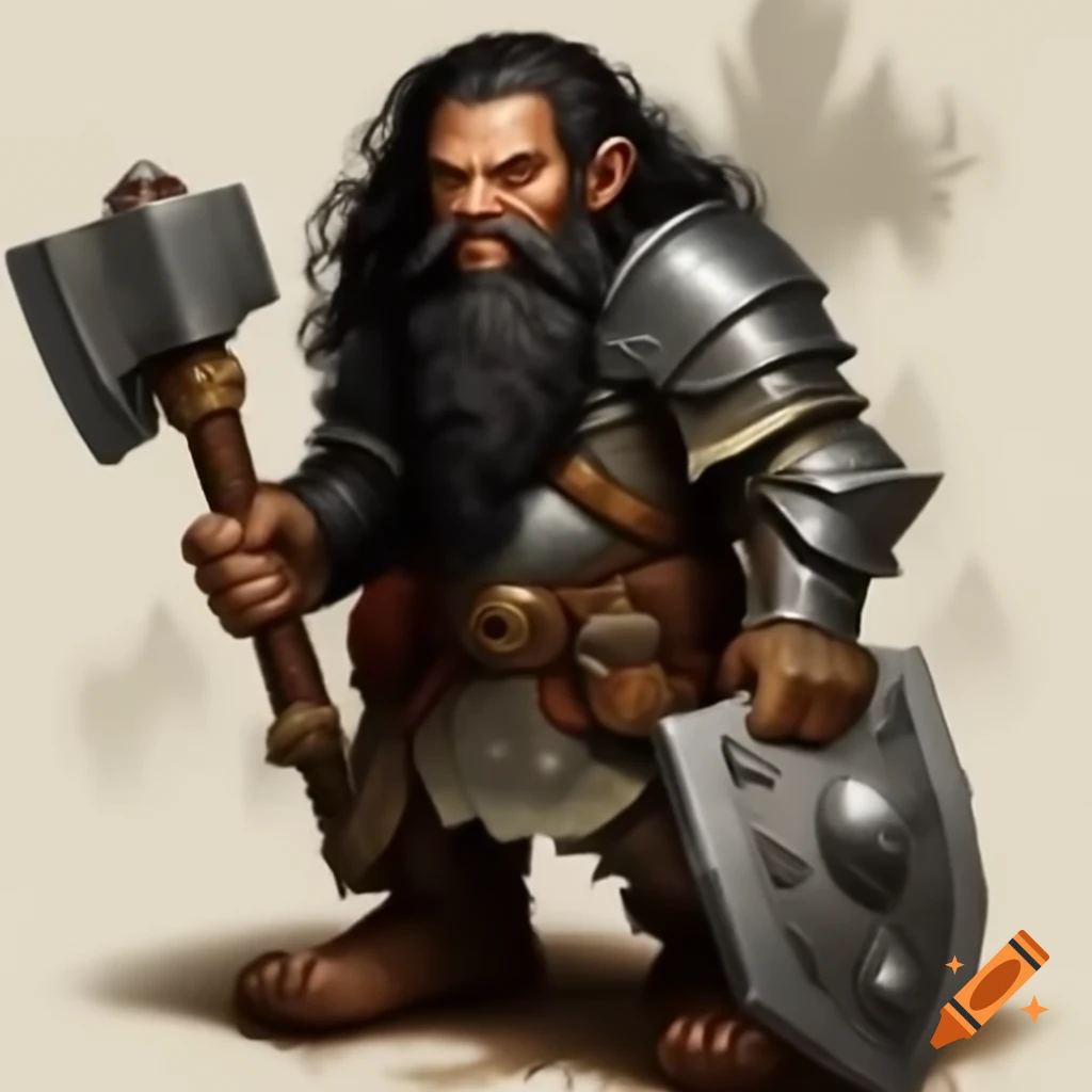 Tan mountain dwarf paladin with hammer and shield on Craiyon