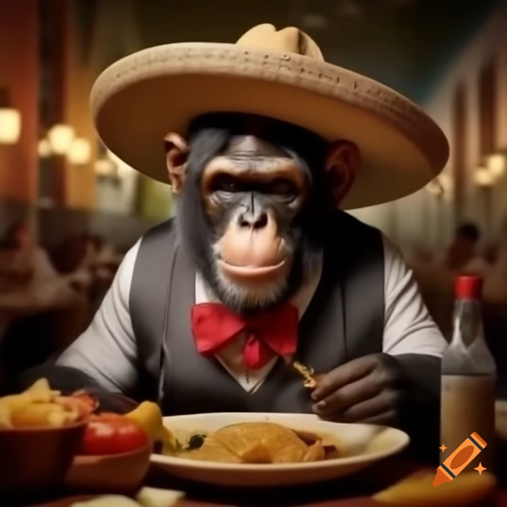 Disgruntled ape waiter at a mexican restaurant, humorous scene on Craiyon