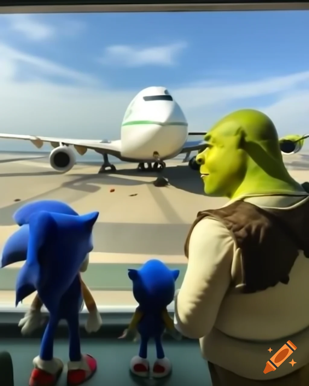 Sonic and shrek observing a boeing 747 airplane on Craiyon