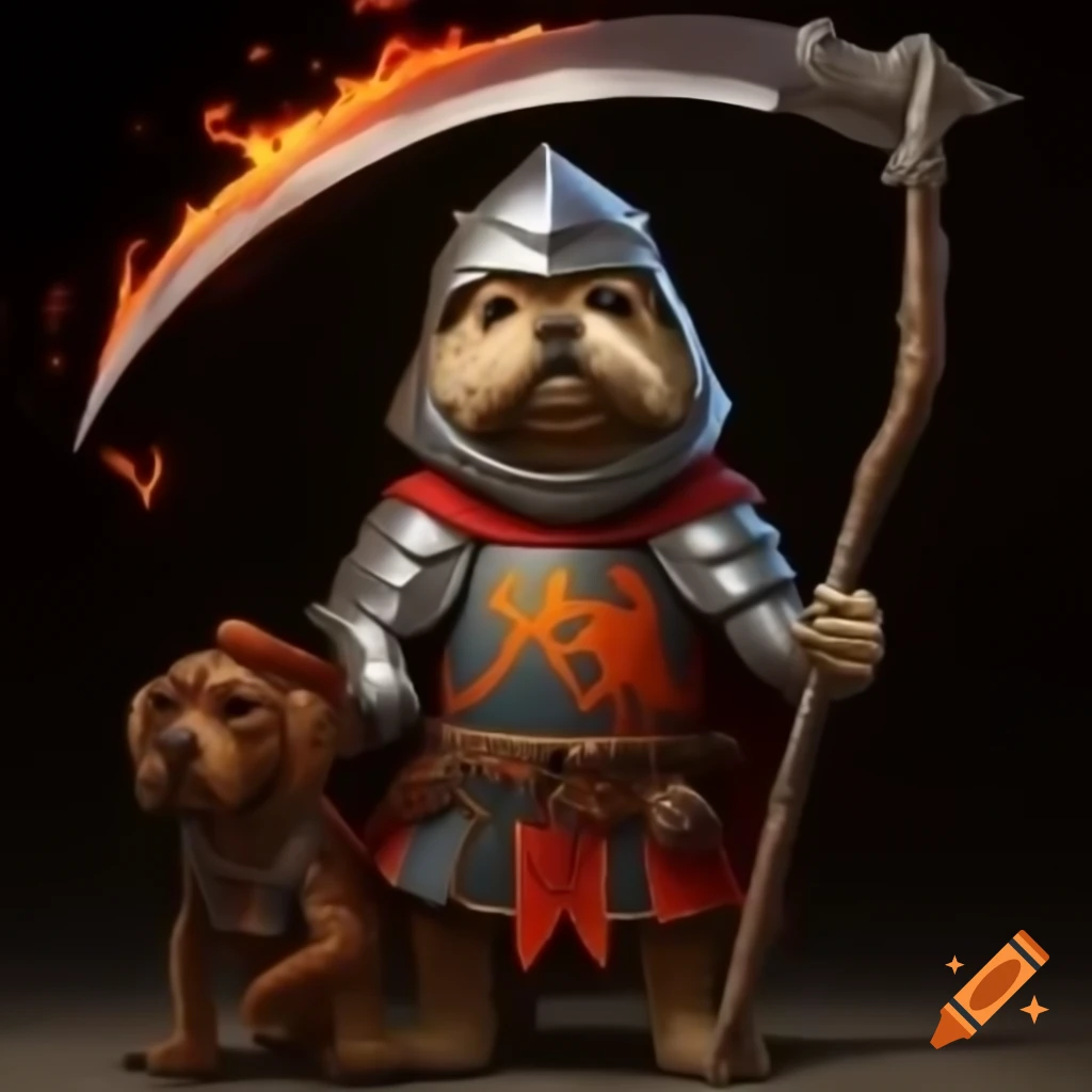 Humorous dog in knight armor holding a scythe on Craiyon