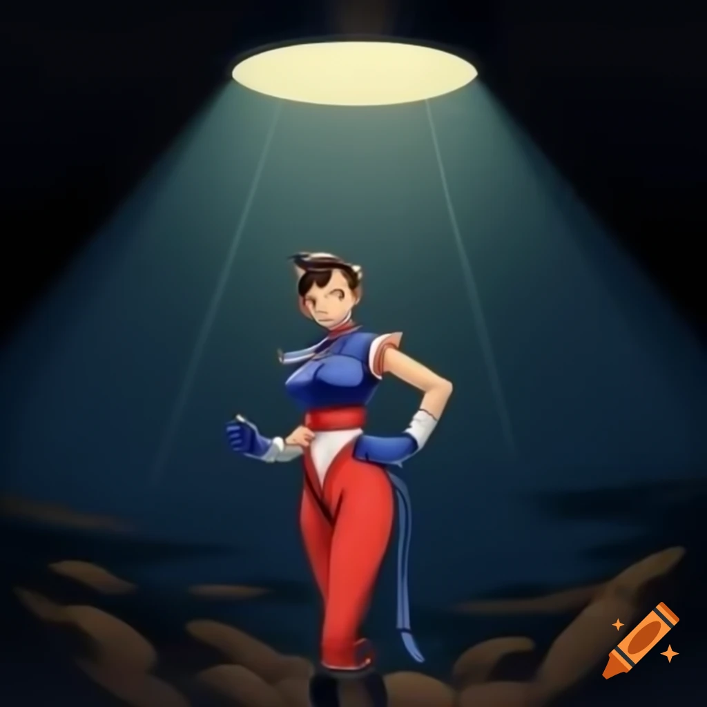 Anime portrayal of Chun-li from Street Fighter in front of floodlight ...