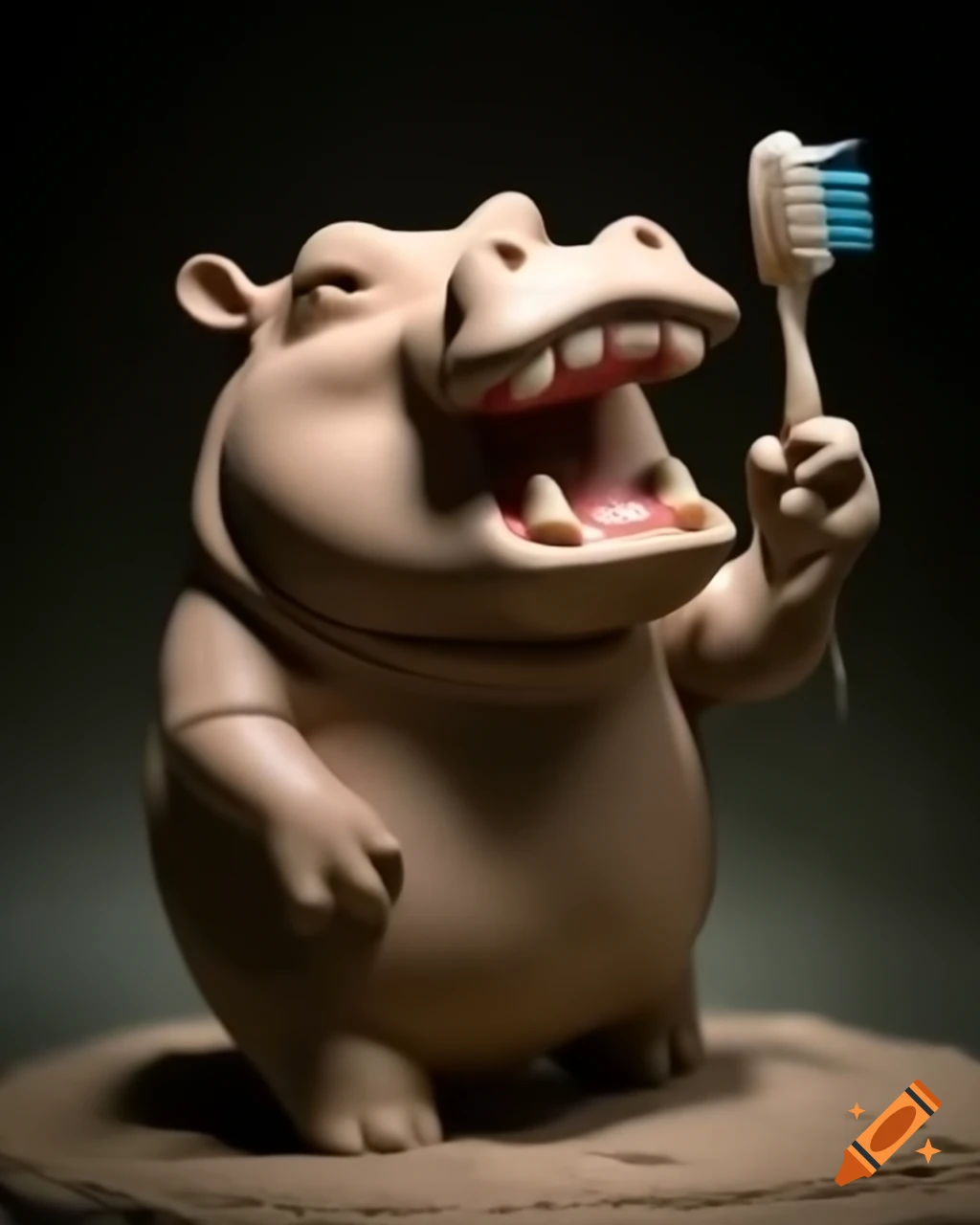 Stop motion clay figure of a hippo brushing teeth with toothbrush on ...