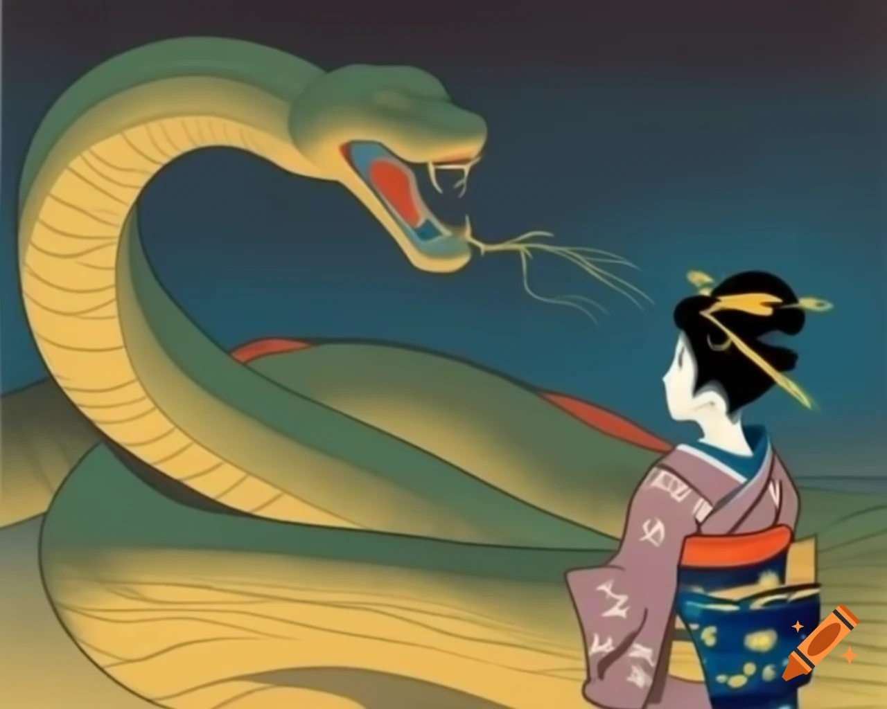 Woman in kimono observing giant snake in Japanese illustration on Craiyon