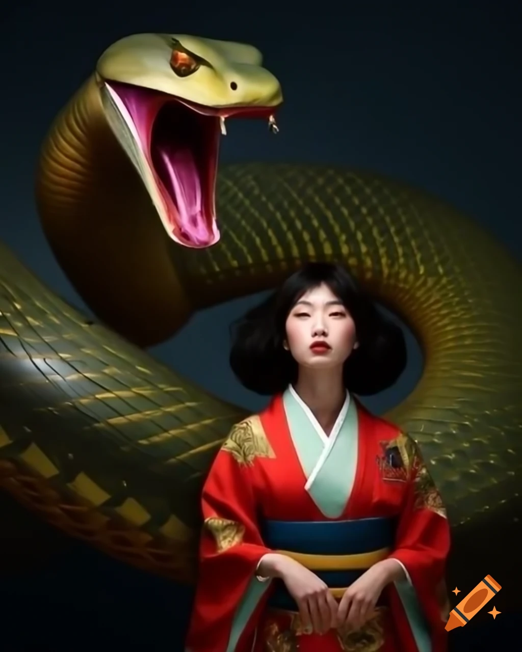 Woman in kimono observing giant snake, hyper-realistic style on Craiyon