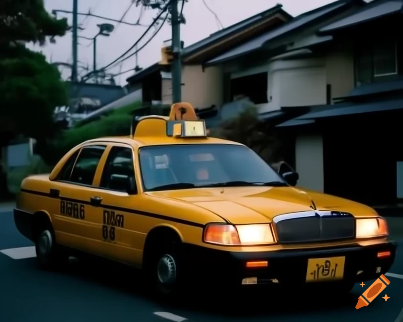 Taxi in a flower-filled japanese neighborhood during golden hour, hyper ...