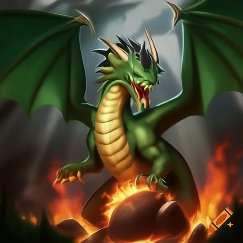 Longline dragon breathing fire in jade forest with emperor throwing ...