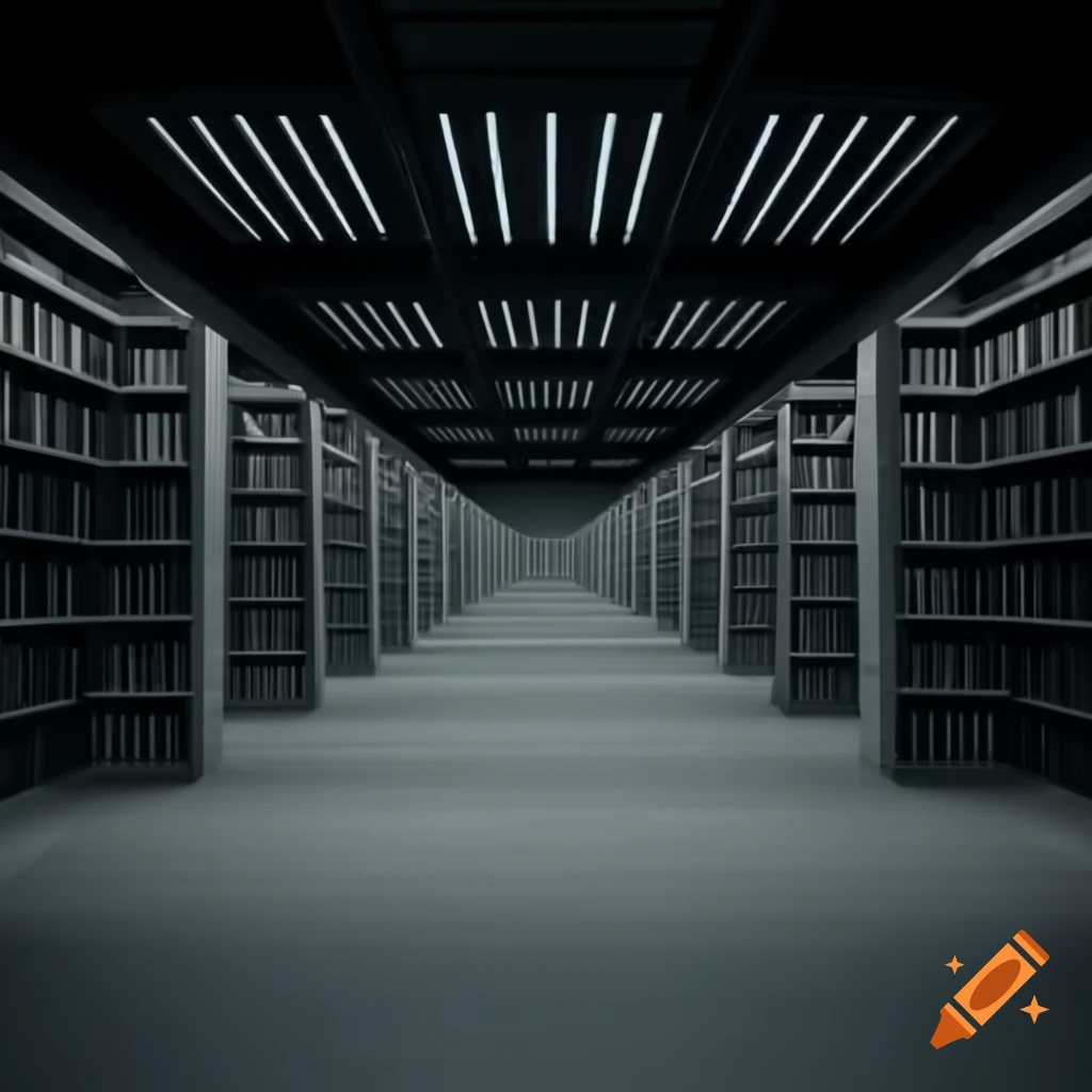 Futuristic brutalism style interior of an empty monochrome library on ...