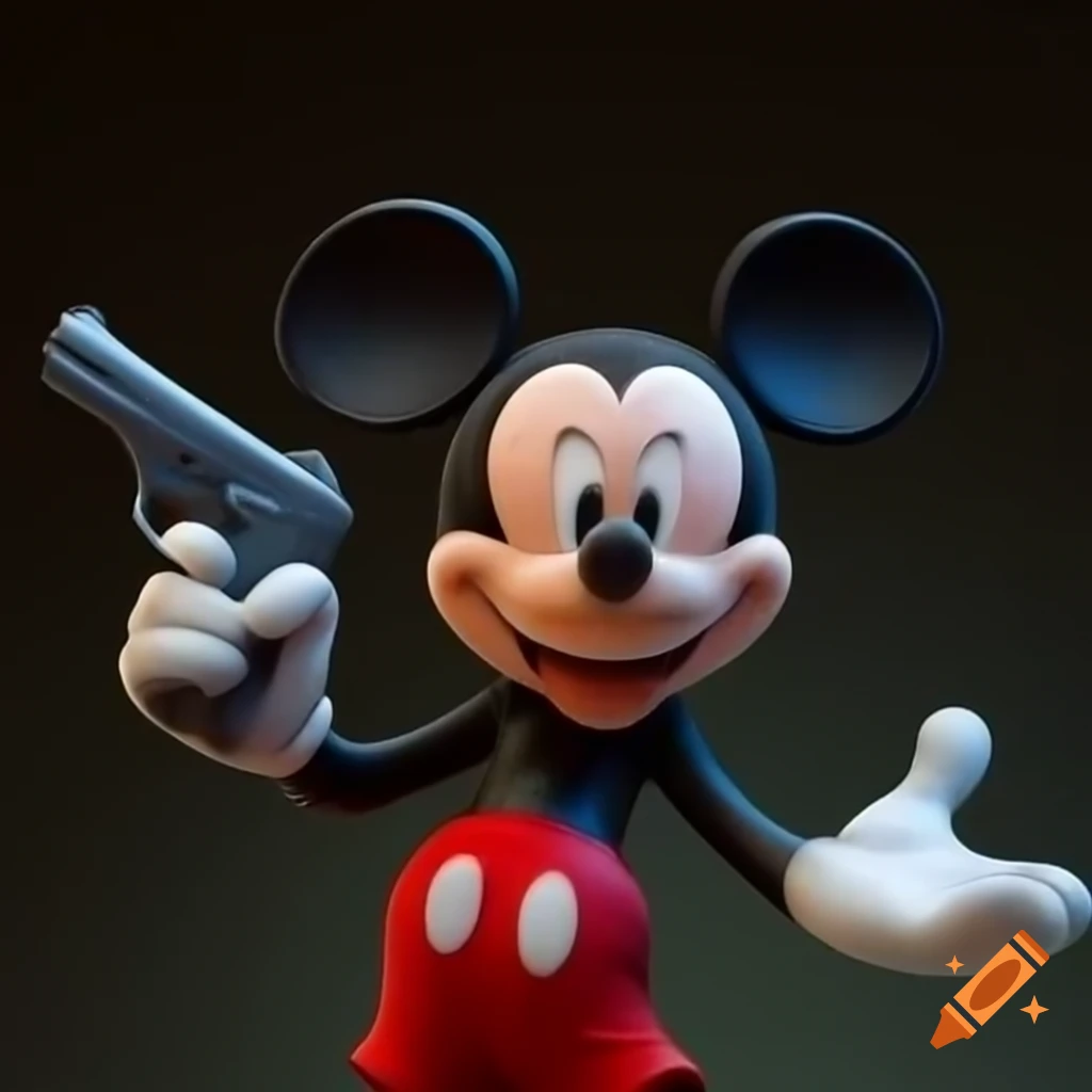 Character resembling Mickey Mouse waving a handgun, depicting ...