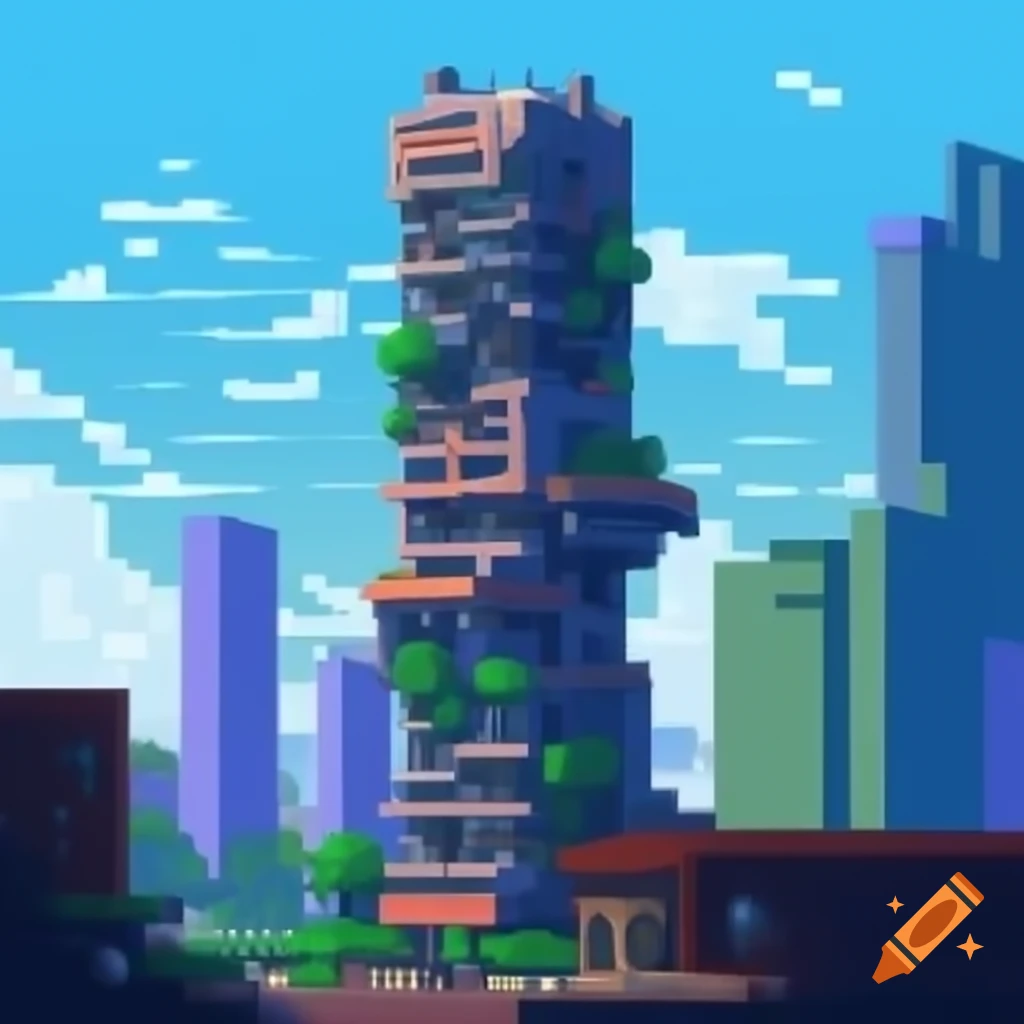 Pixel art of a skyscraper on Craiyon