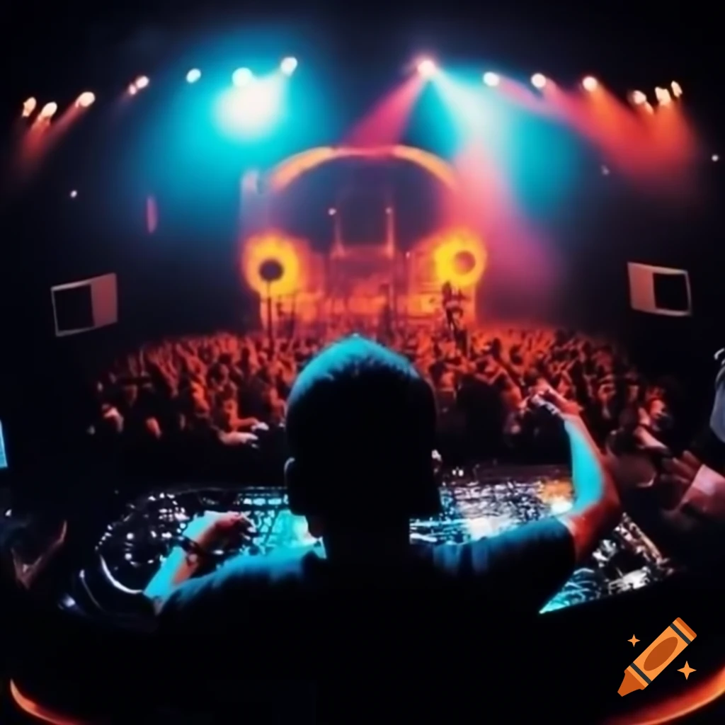 Exciting 1990s party scene with colorful lights and monster dj on Craiyon