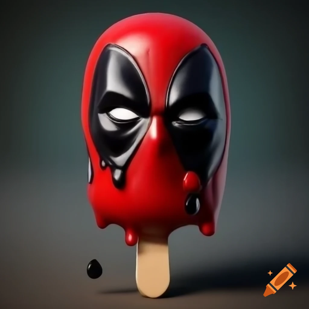 Realistic caricature of melting Deadpool head on popsicle stick on Craiyon