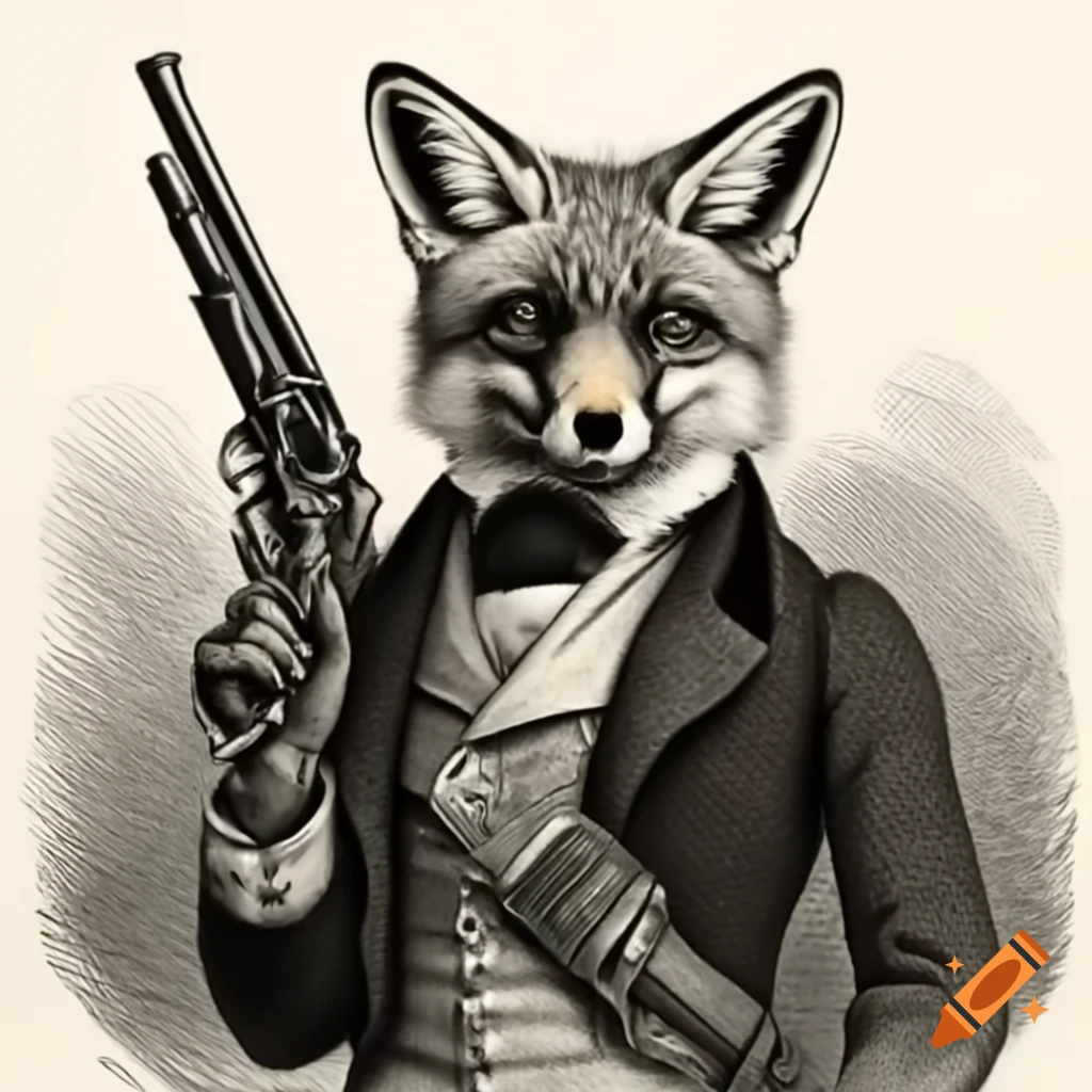 Vintage 1800s etching of a fox wielding a gun on Craiyon