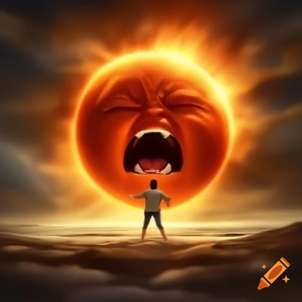 Person with overweight body facing the sun, expressing emotion on Craiyon