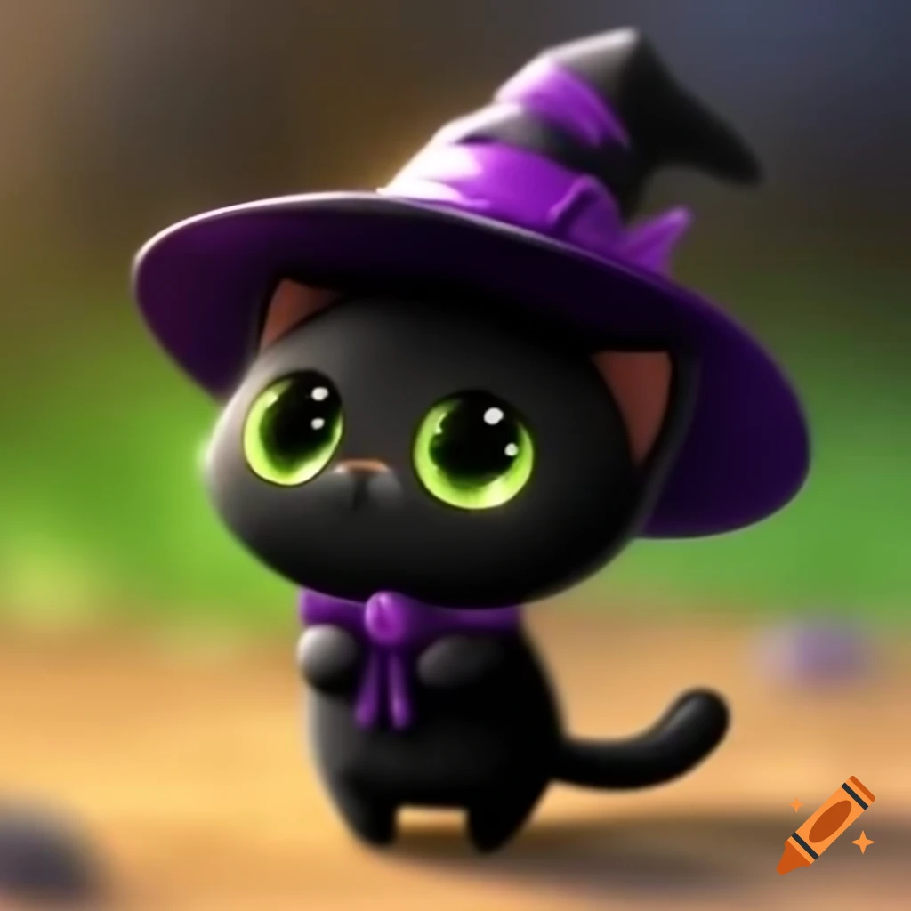 Chibi black cat wearing witch's hat, cute design on Craiyon