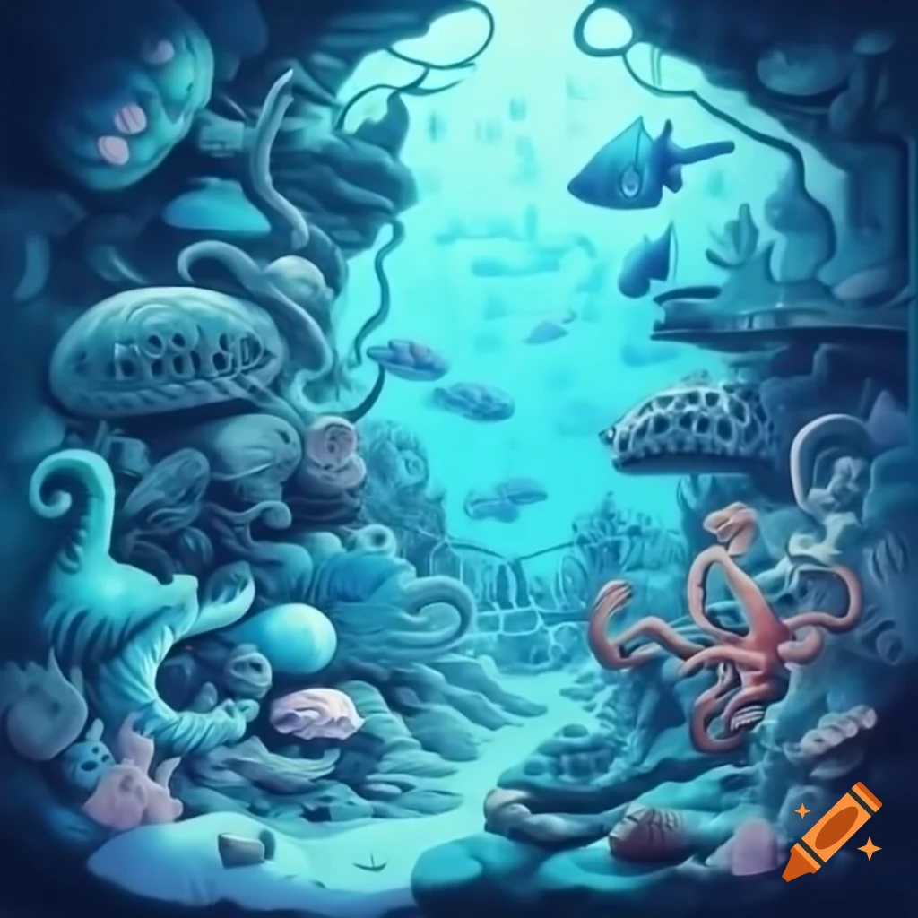 Detailed underwater scene with sea creatures and mechanical elements in ...