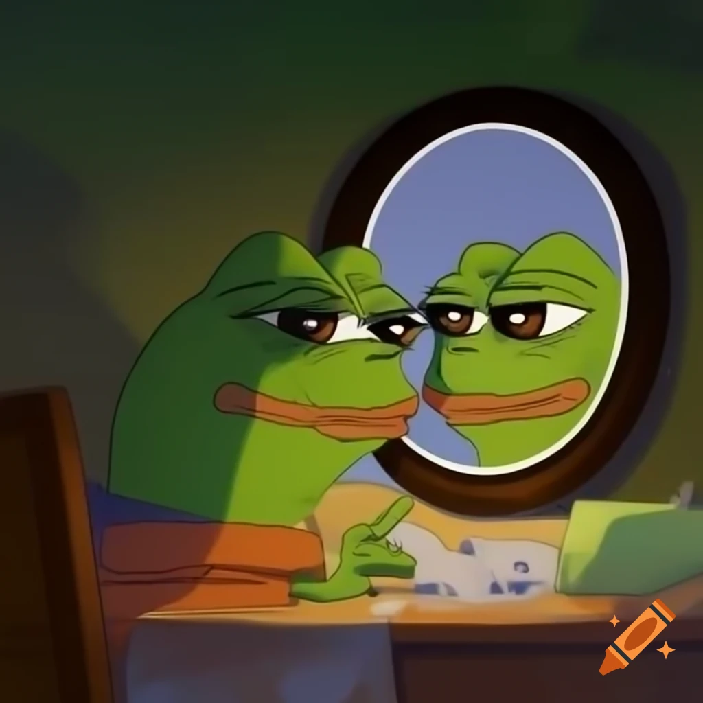 Pepe the frog looking into a mirror, styled for looksmaxxing on Craiyon