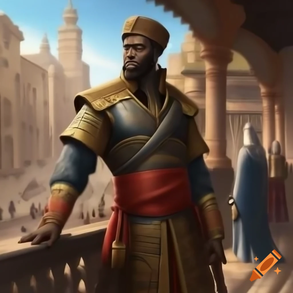 Sultan of kilwa overlooking medieval city from balcony, oil painting ...