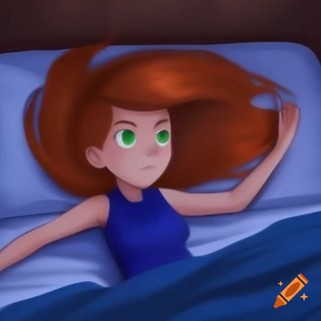 Kim Possible relaxed in bed wearing a royal blue tank top on Craiyon