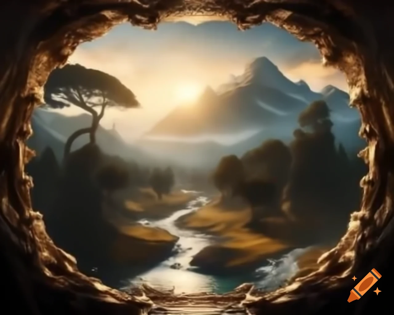 Ancient legendary photo frame made of gold with intricate carvings on ...