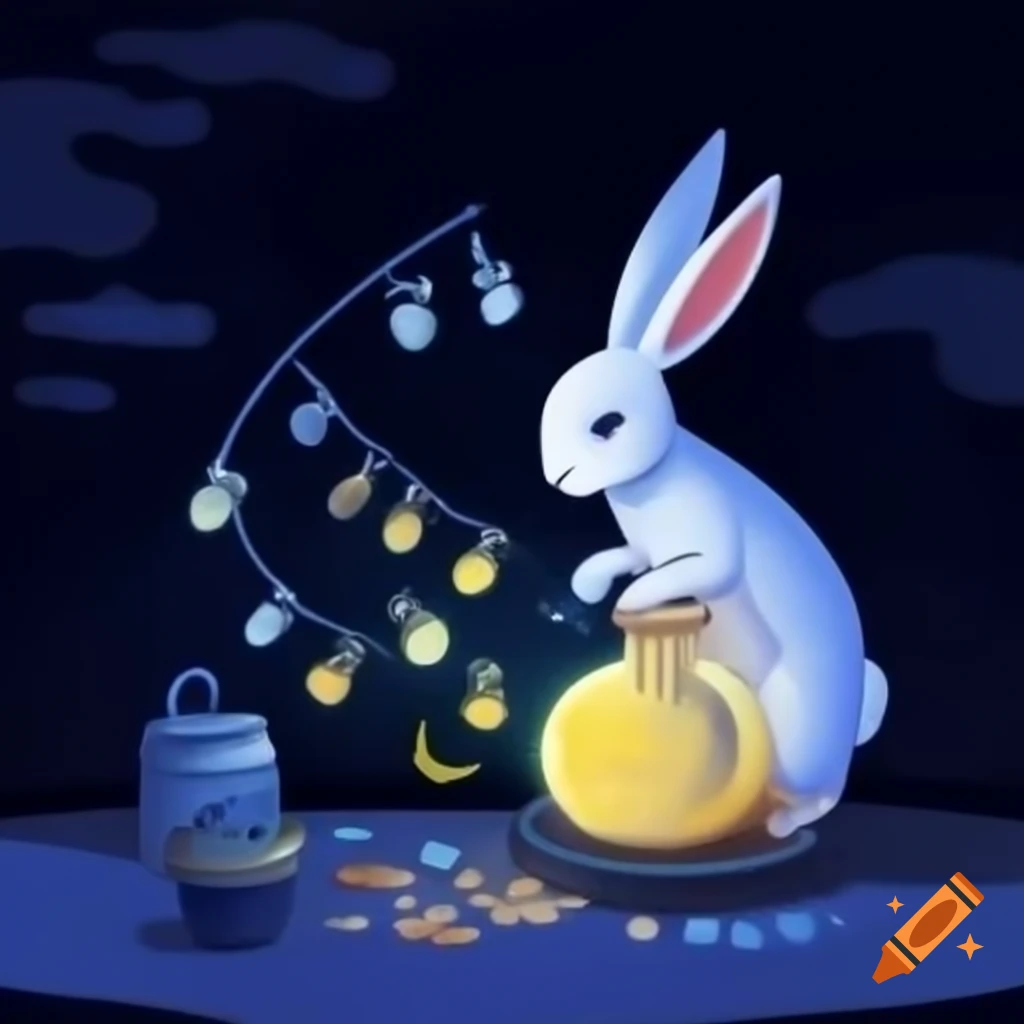 Ethereal rabbit mixing potions under the moonlight on Craiyon