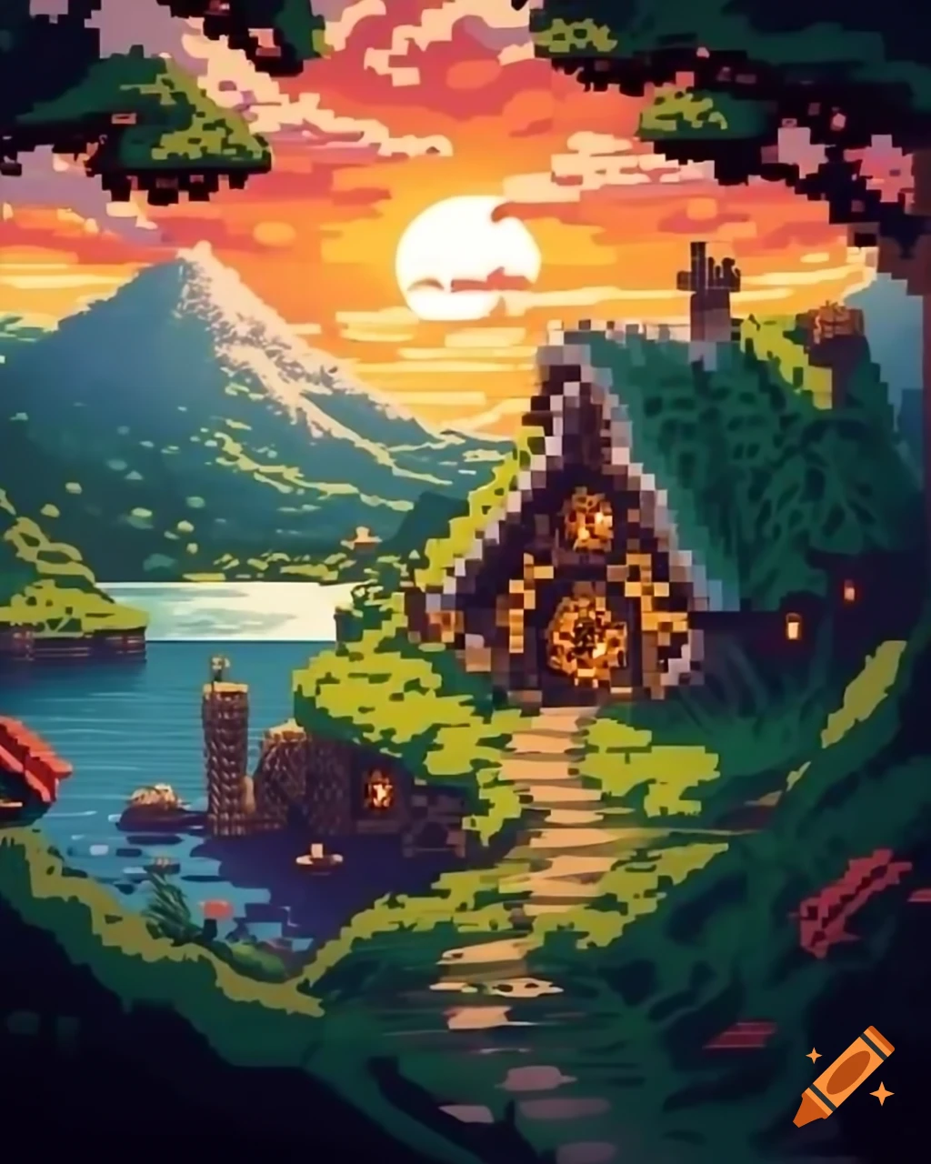 Pixel art of a hobbit house by a lake with sunset lighting and lush ...