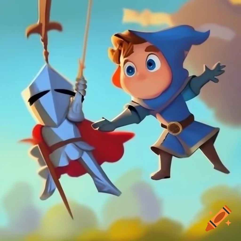 Cartoon kid knight hanging playfully on Craiyon