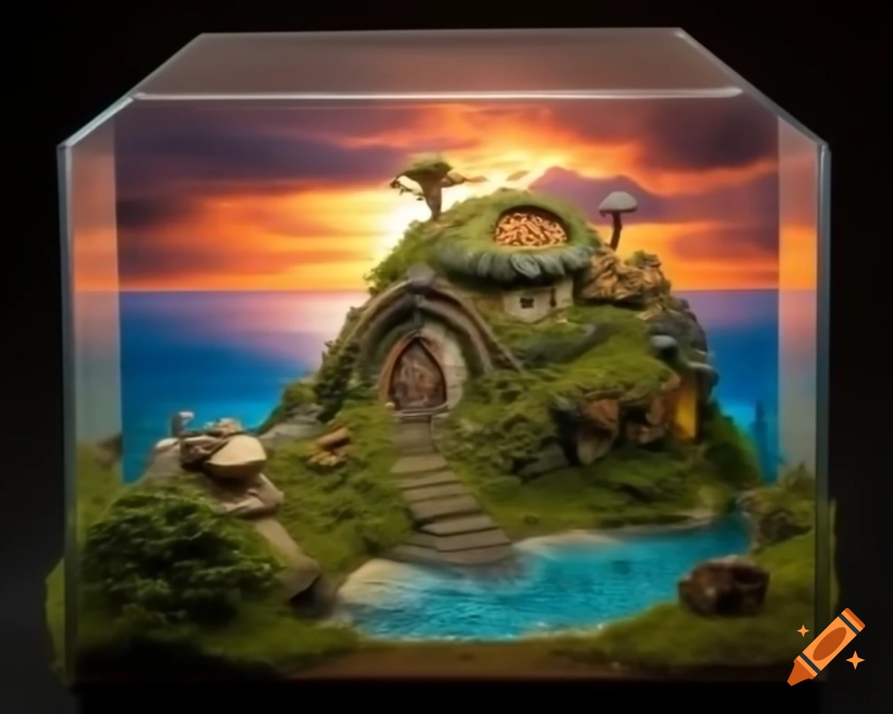 Miniature diorama of hobbit house on mountain with sea view at sunset ...