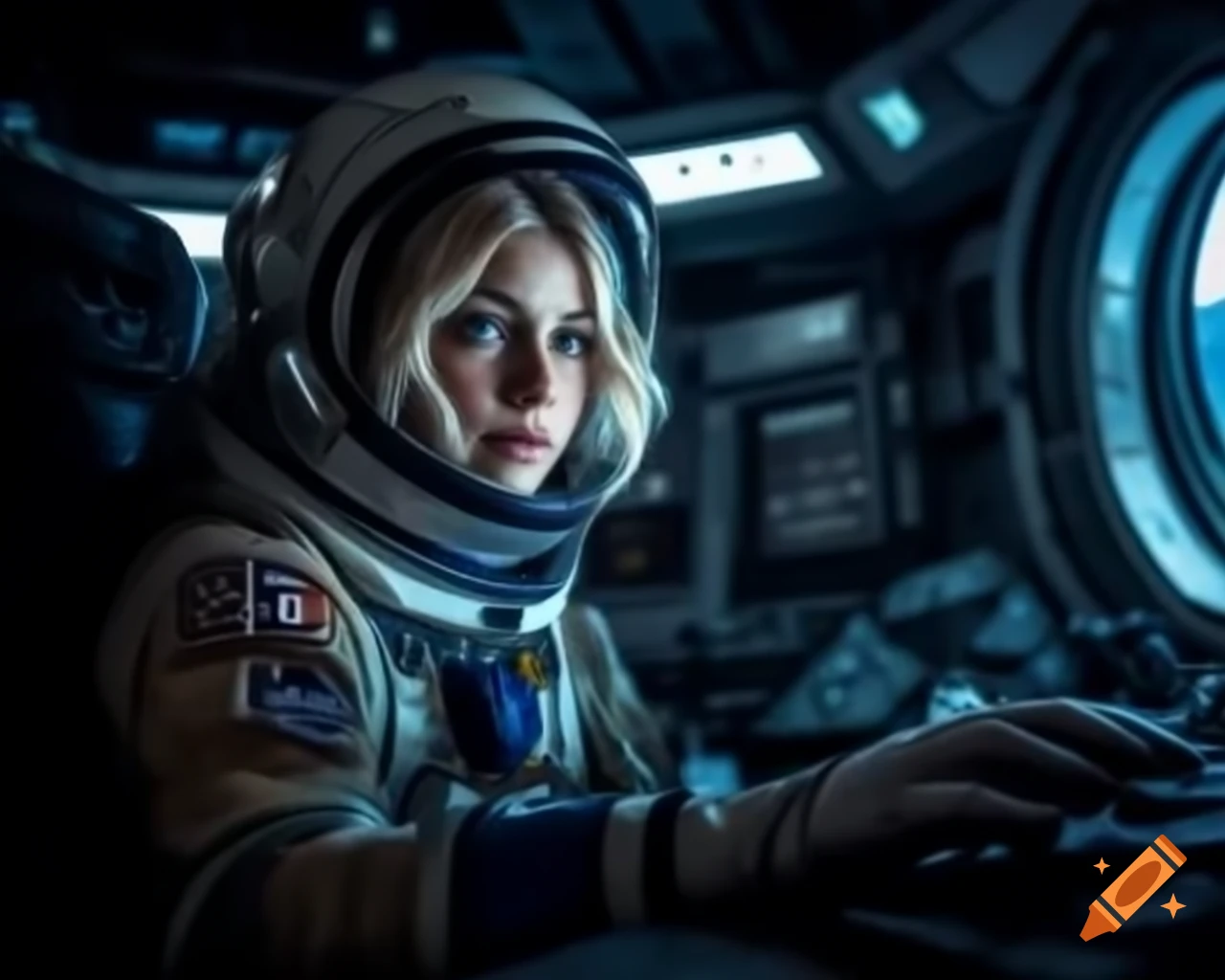 Young woman in spacesuit inside starship cockpit, highly detailed ...