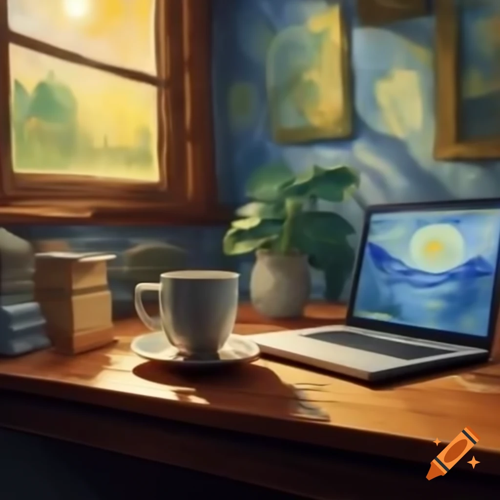 Coffee mug and open laptop on writer's desk by window at sunrise, van ...