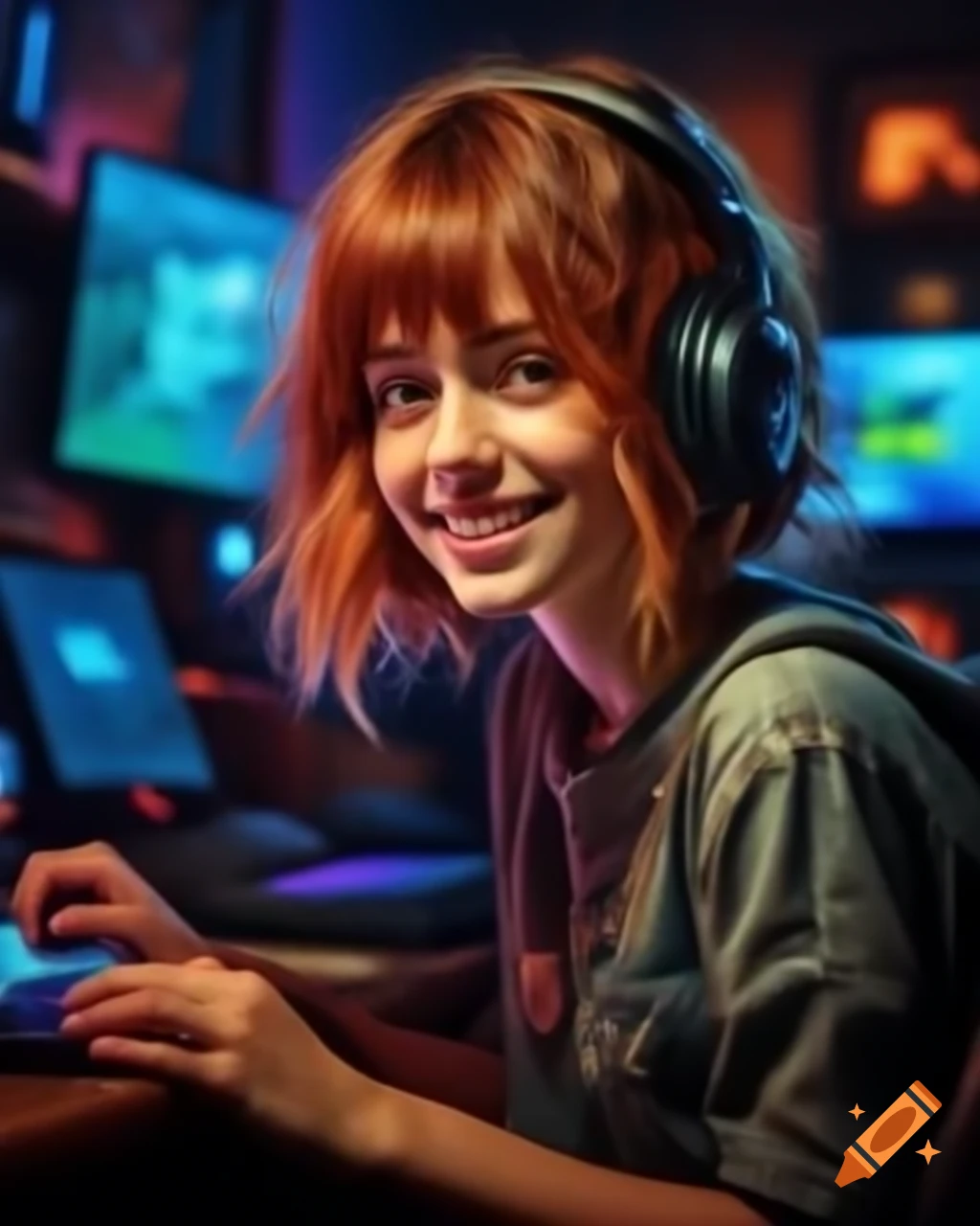 Happy french female gamer in high-tech gaming bedroom, detailed facial ...