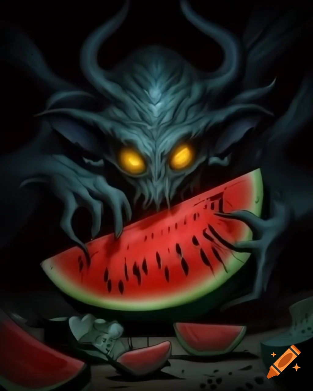 Dark fantasy illustration of a watermelon-like Lovecraftian creature by ...