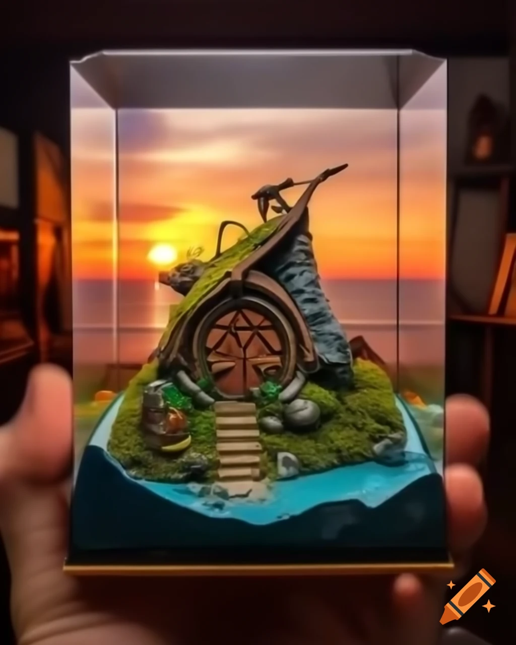 Miniature diorama of hobbit house on mountain overlooking sea at sunset ...