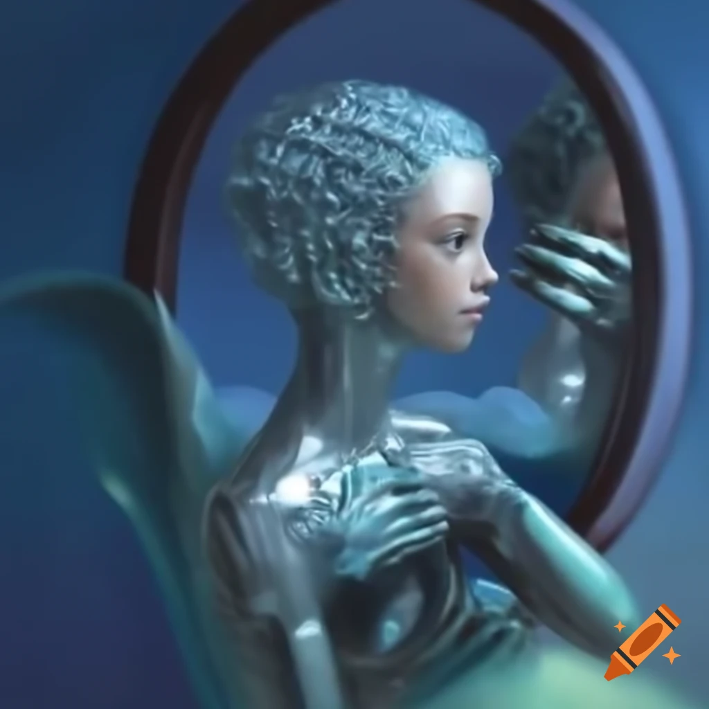 Robot mermaid with metallic hair gazing into a mirror on Craiyon