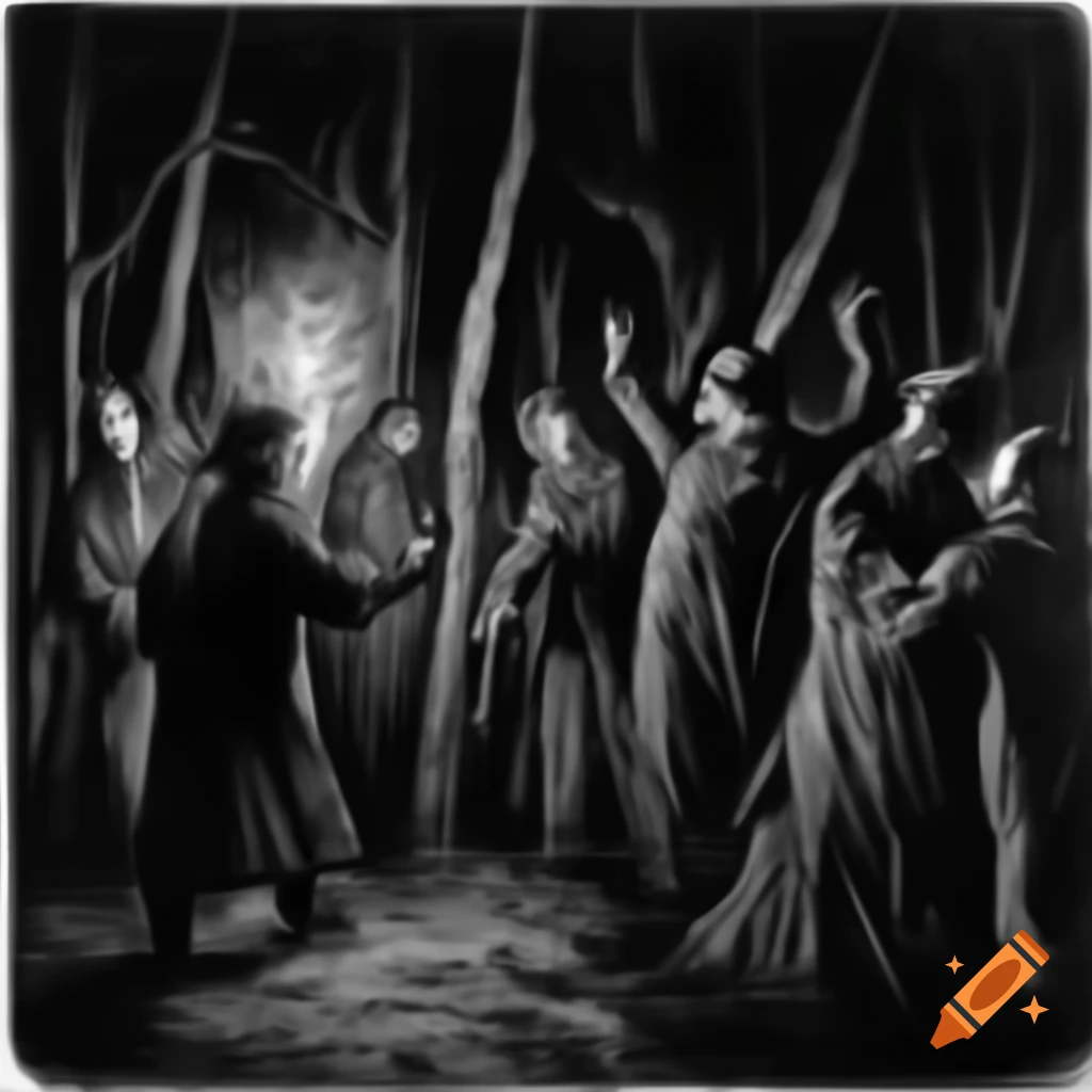 Eerie ink drawing of cultists illuminated by torchlight at night on Craiyon