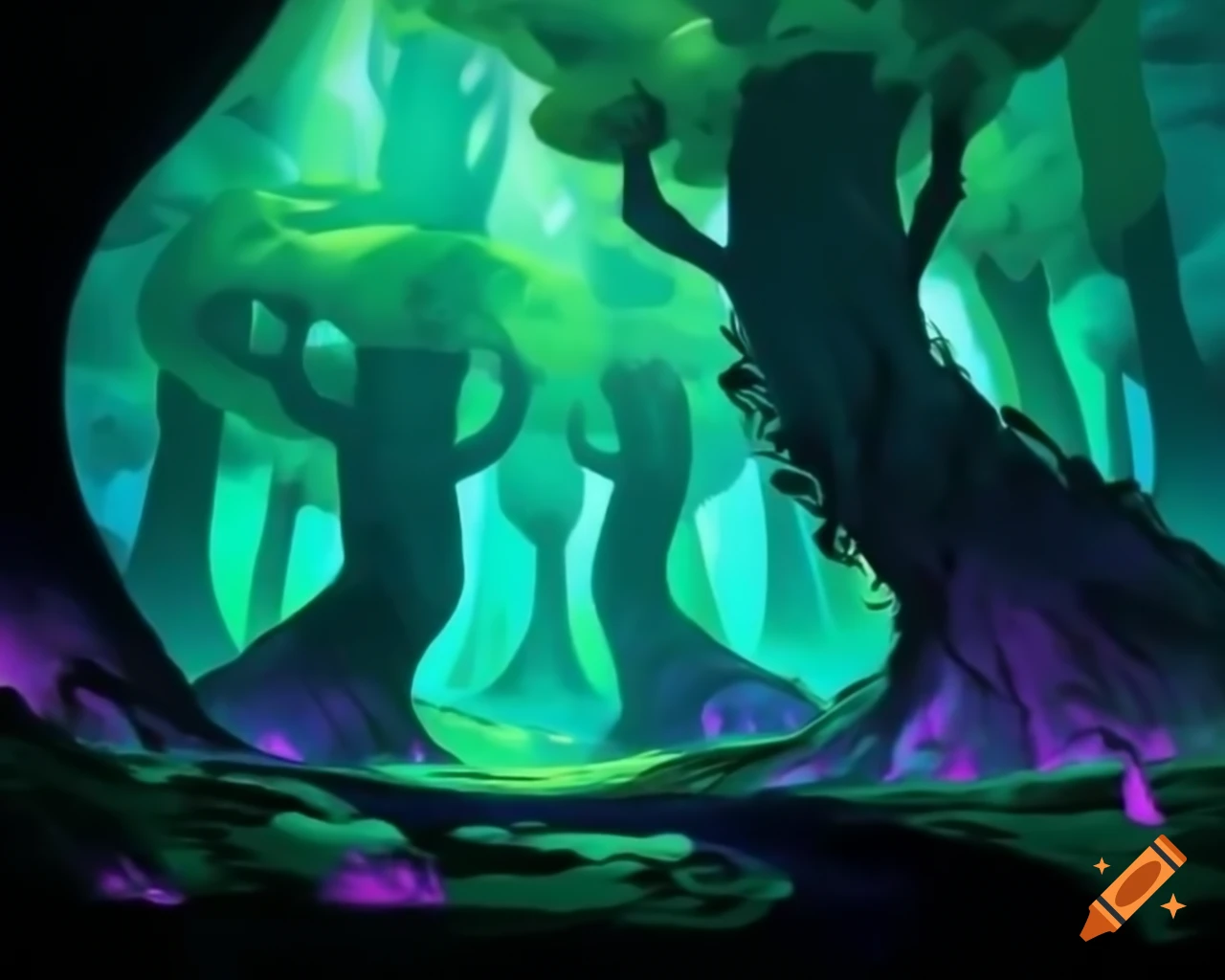 Mystical forest with glowing twisted trees and magical creatures on Craiyon