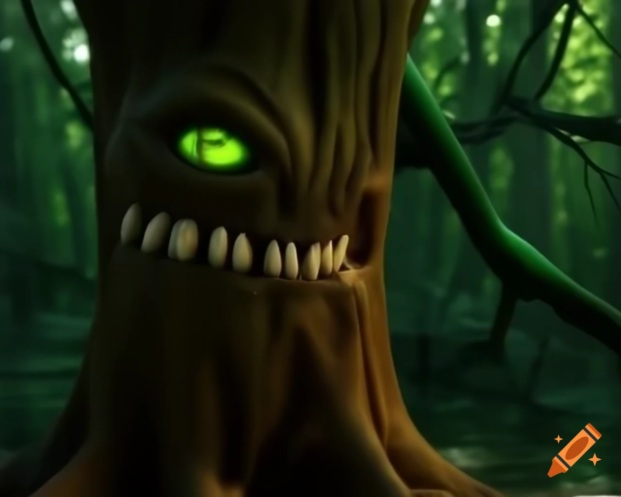 3D CGI anime tree monster with humanoid bark face and trees growing on ...