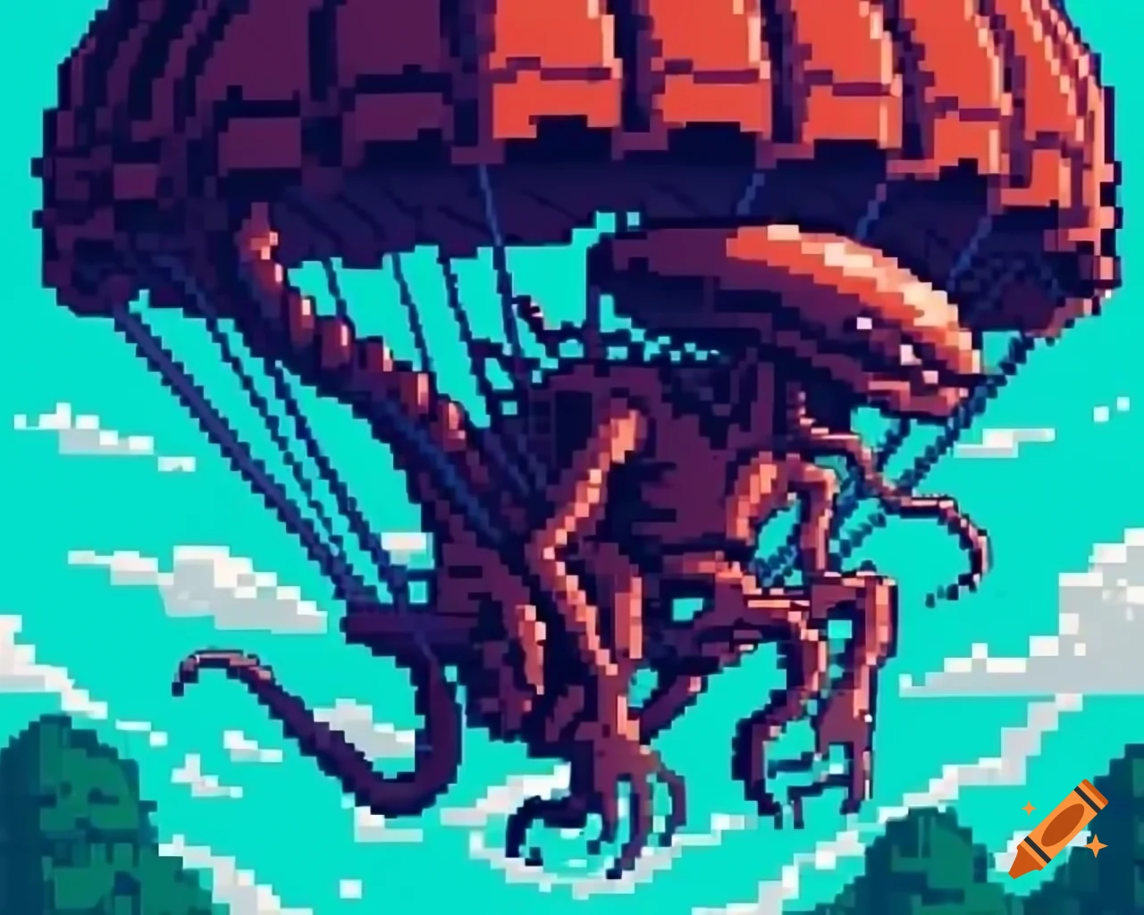 Xenomorph on parachute in 128 bits pixel art style on Craiyon