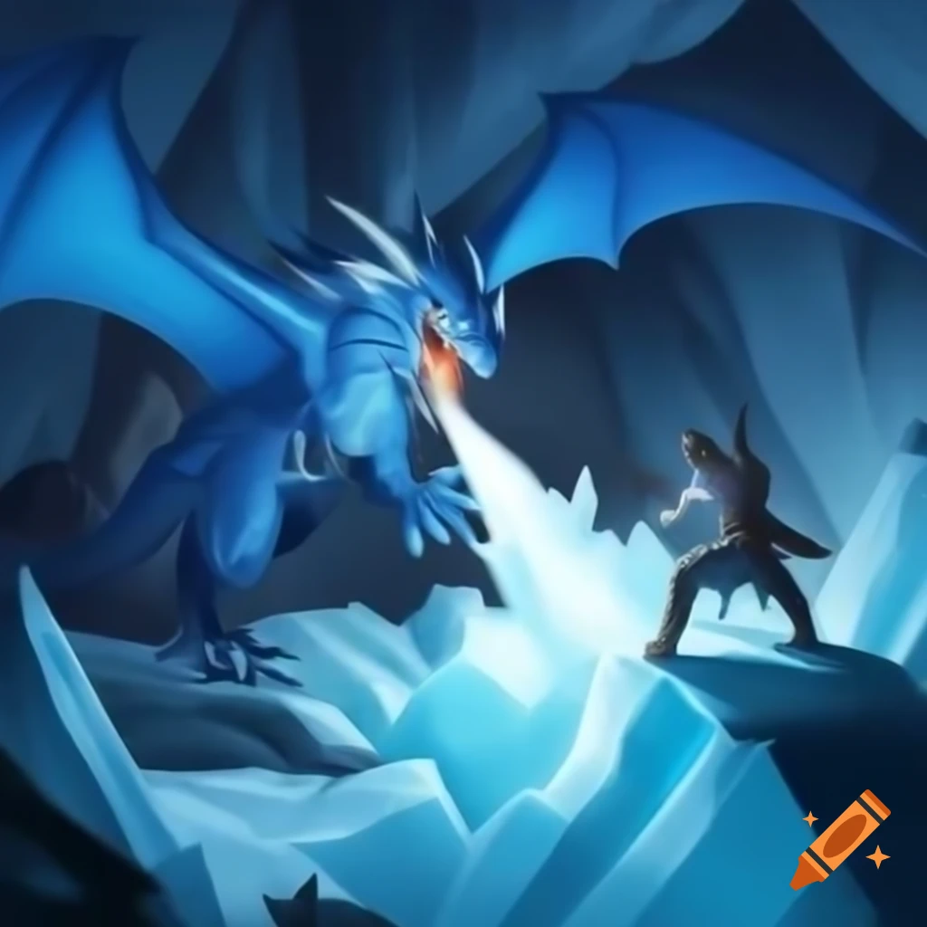 Blue dragon unleashing ice blast in icy cavern on Craiyon