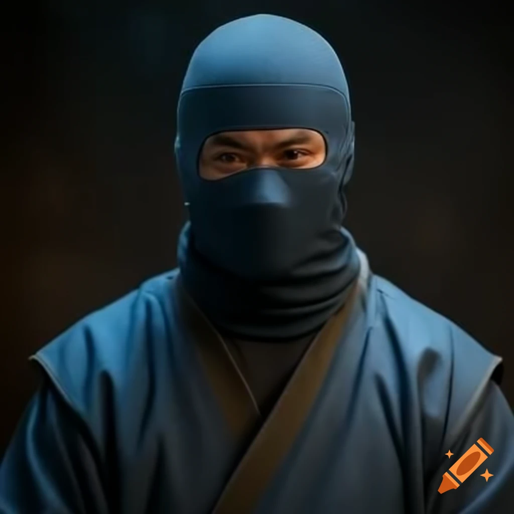 Ninja in blue bandages with eye scar posing for the camera on Craiyon