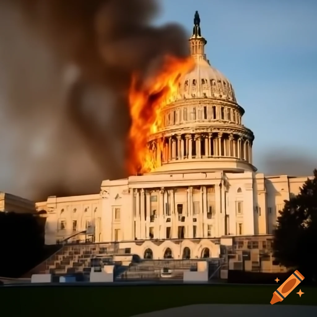 U.S. Capitol building engulfed in flames with firetruck responding on ...