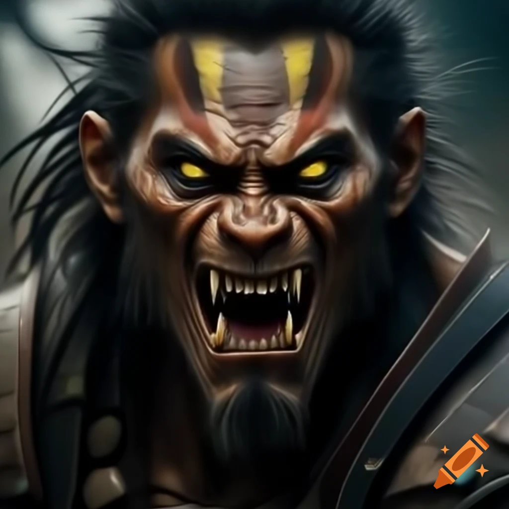 Hobgoblin male warrior in japanese light armor with an angry expression ...