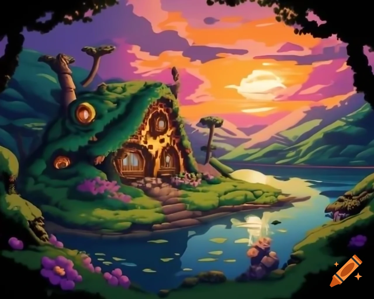 Pixel art of hobbit house by lake with sunset, moss, and flowers on Craiyon