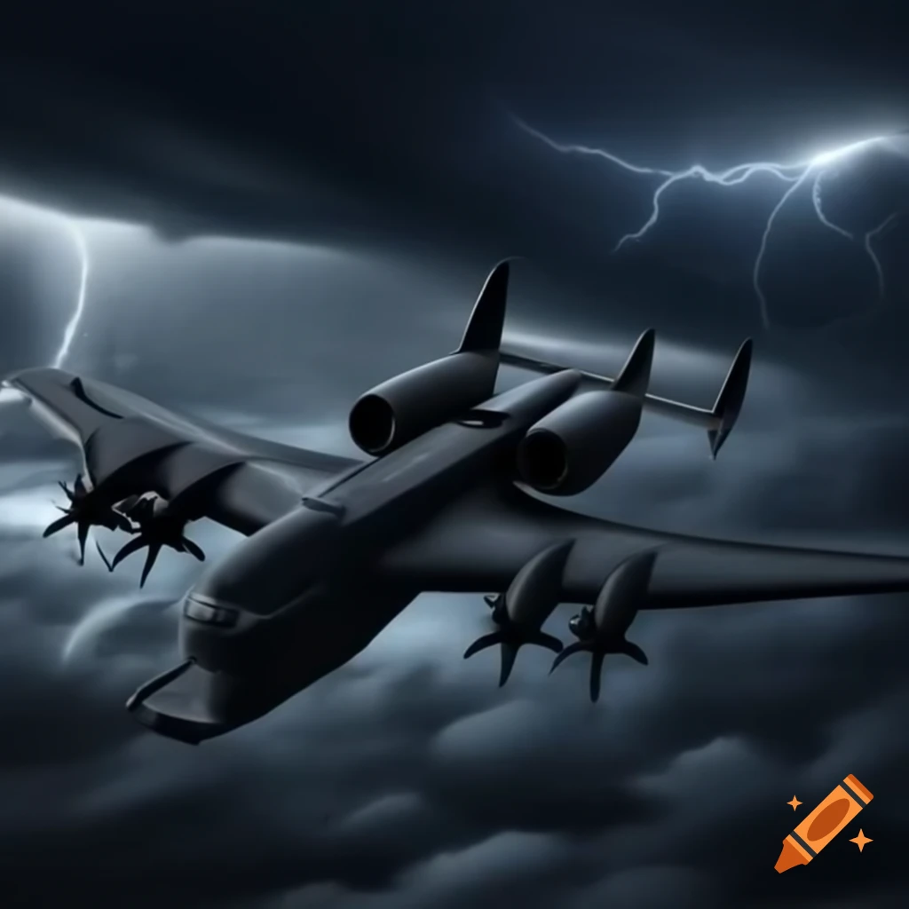 Minimalistic cargo plane approaching dark lightning storm on Craiyon