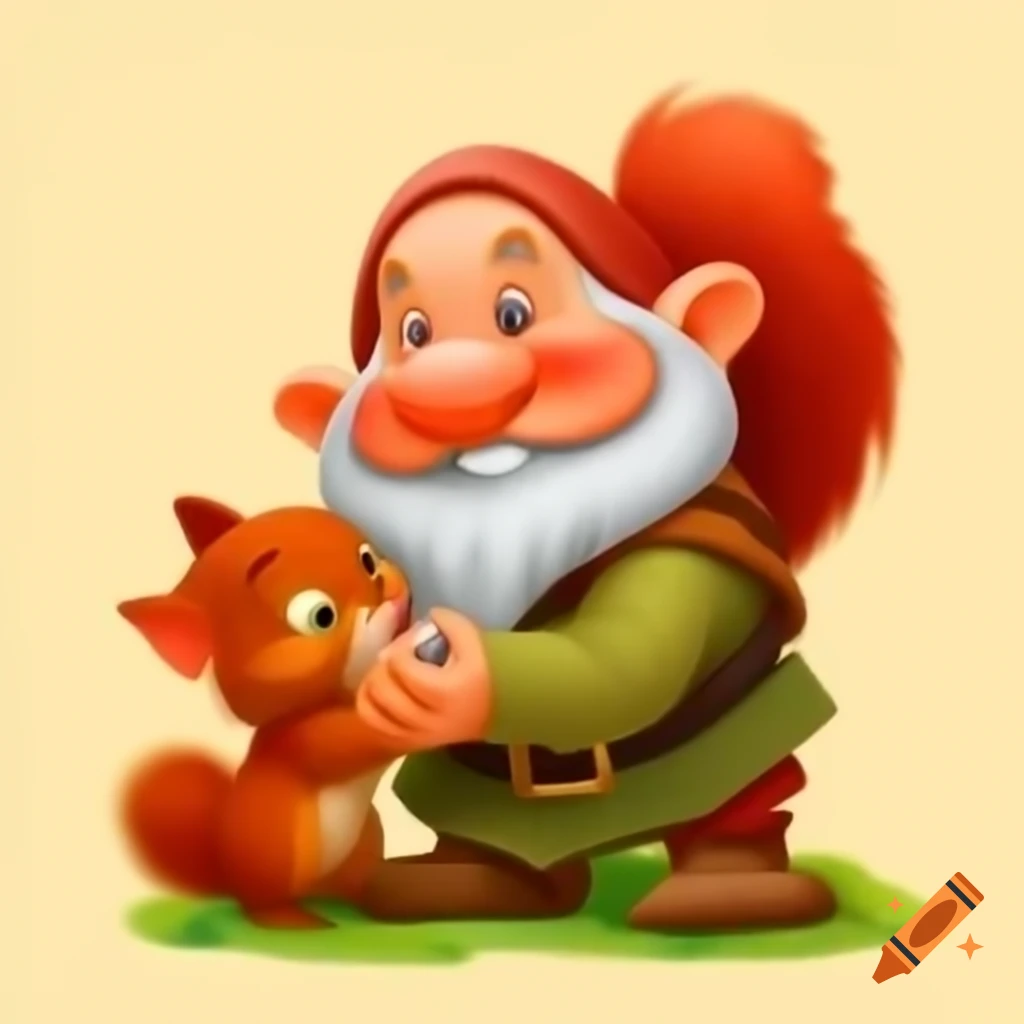 Cartoon dwarf cuddling with red squirrel on Craiyon