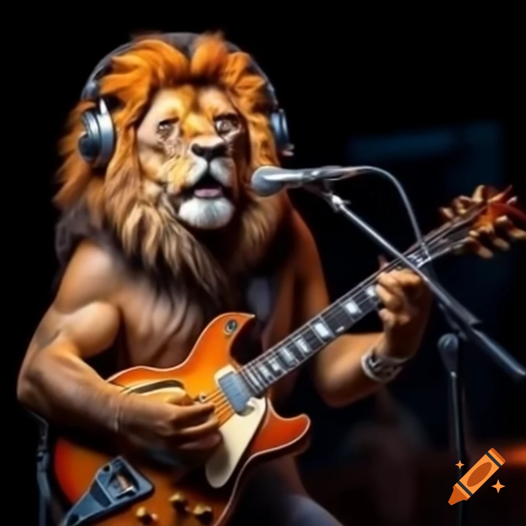 Rock star lion singing with guitar and headphones on Craiyon