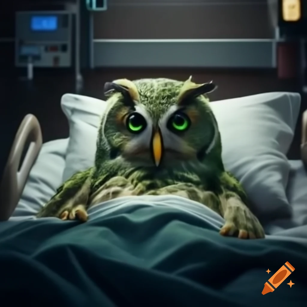 Owl lying in hospital bed, depicting care and recovery on Craiyon