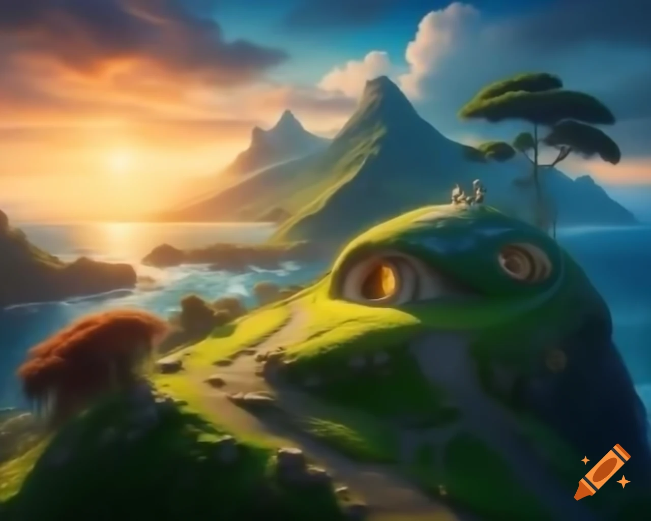 Hobbit house on mountain with sunset and sea view on Craiyon