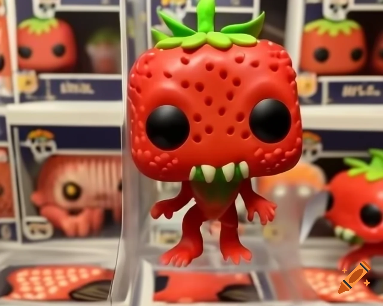 Strawberry alien funko pop toy in its box on Craiyon