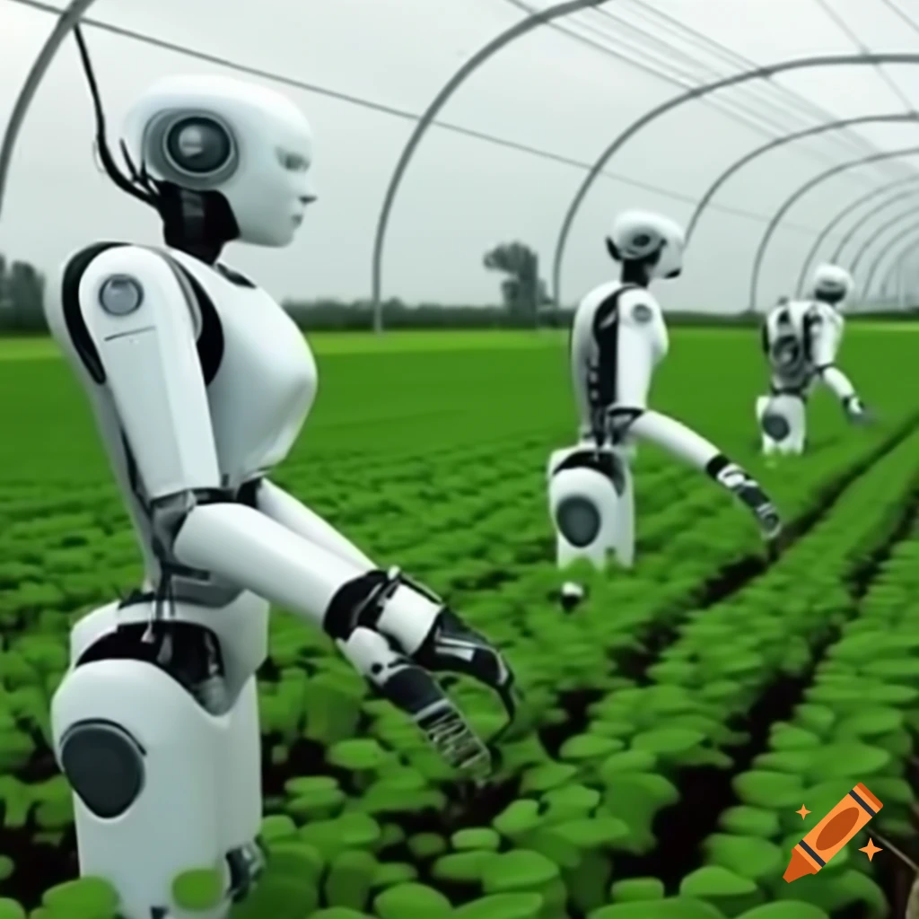 Humanoid robots cultivating crops in agriculture on Craiyon